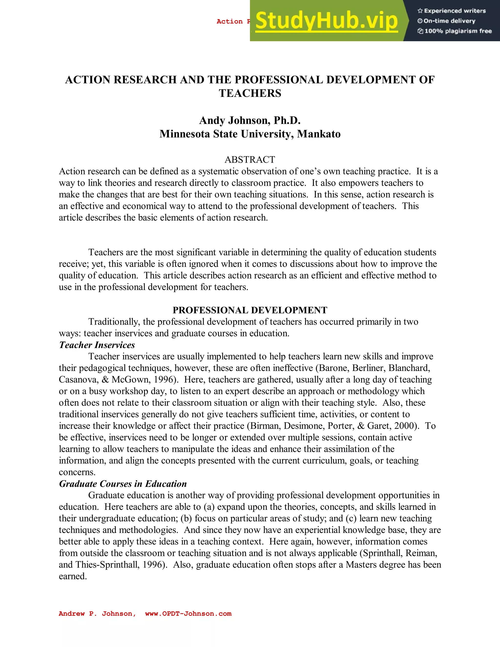 ACTION RESEARCH AND THE PROFESSIONAL DEVELOPMENT OF TEACHERS | PDF