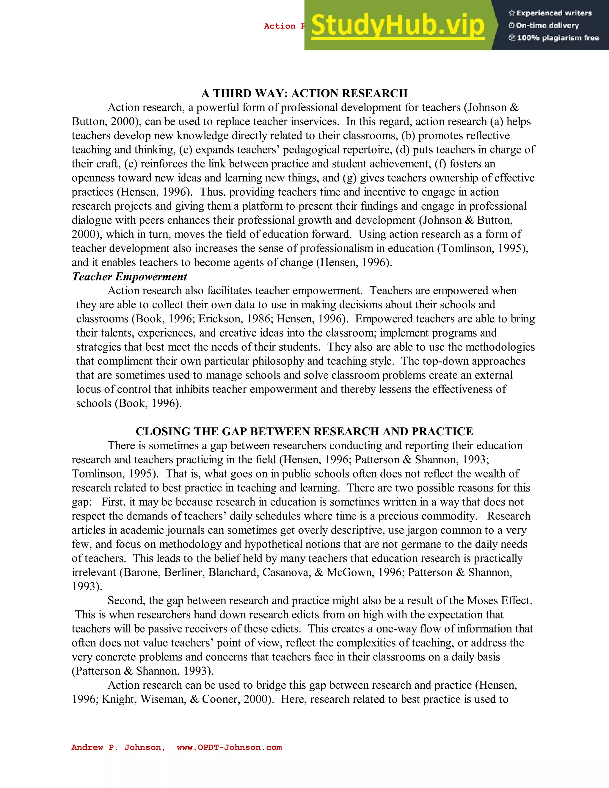 ACTION RESEARCH AND THE PROFESSIONAL DEVELOPMENT OF TEACHERS | PDF