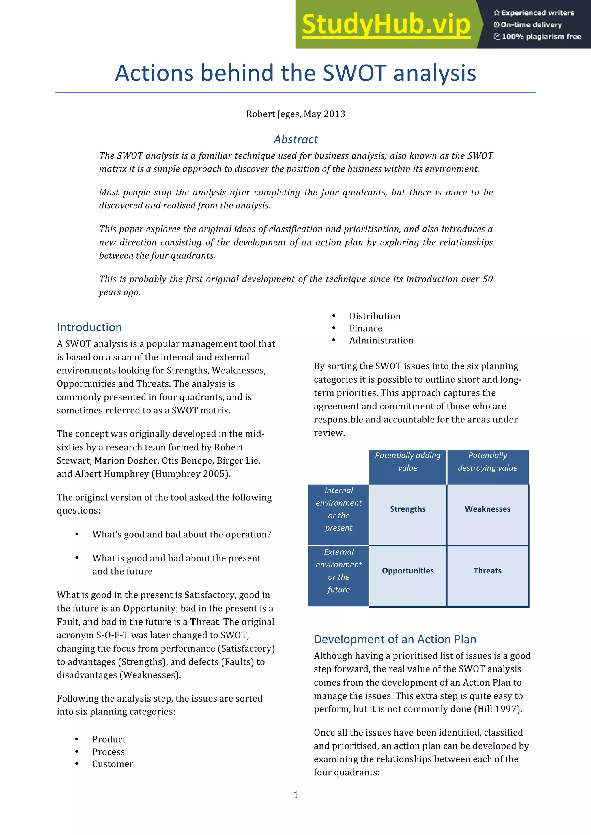 Actions Behind The SWOT Analysis | PDF