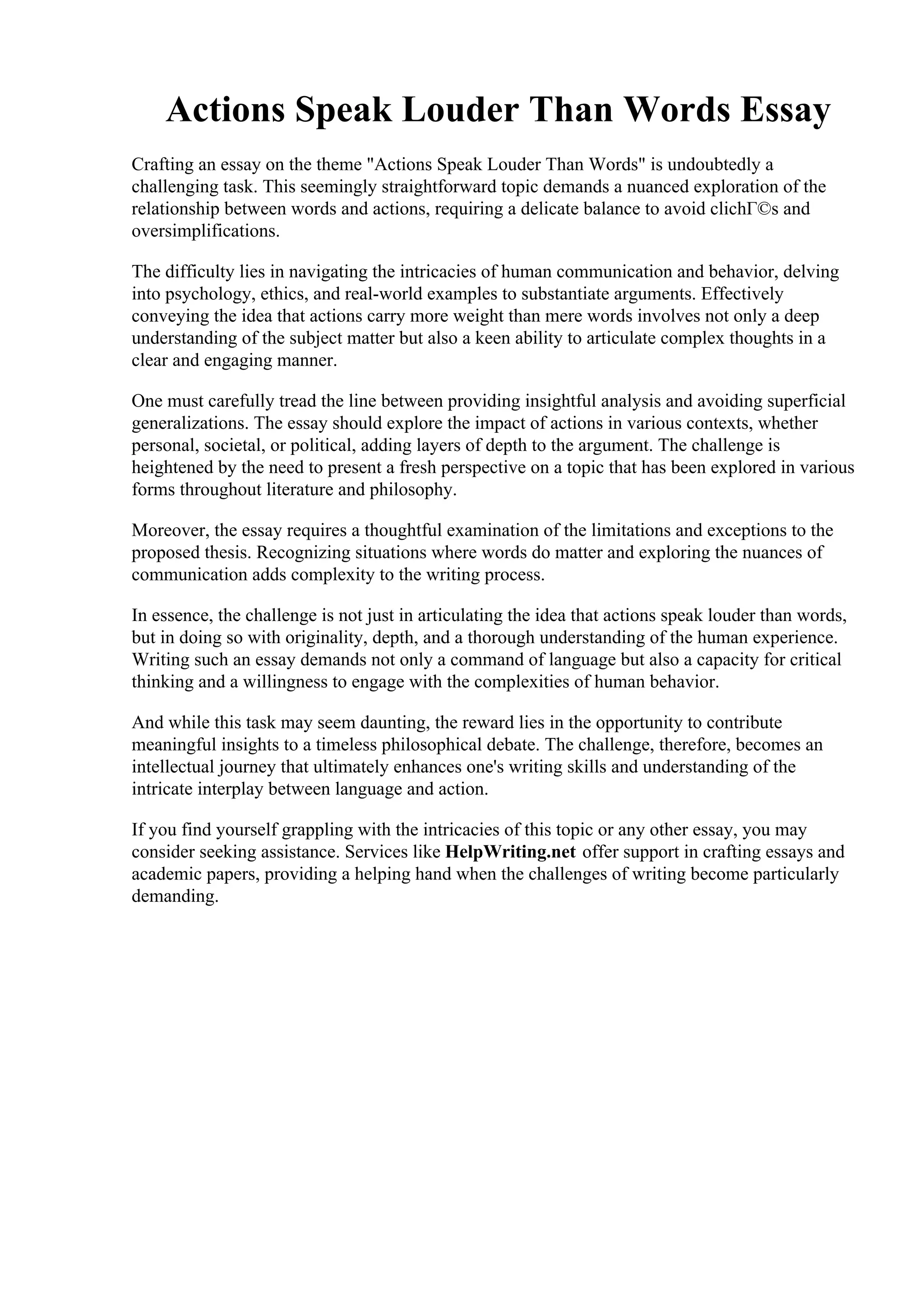 Actions Speak Louder Than Words Essay. Action Speaks Louder Than Words ...