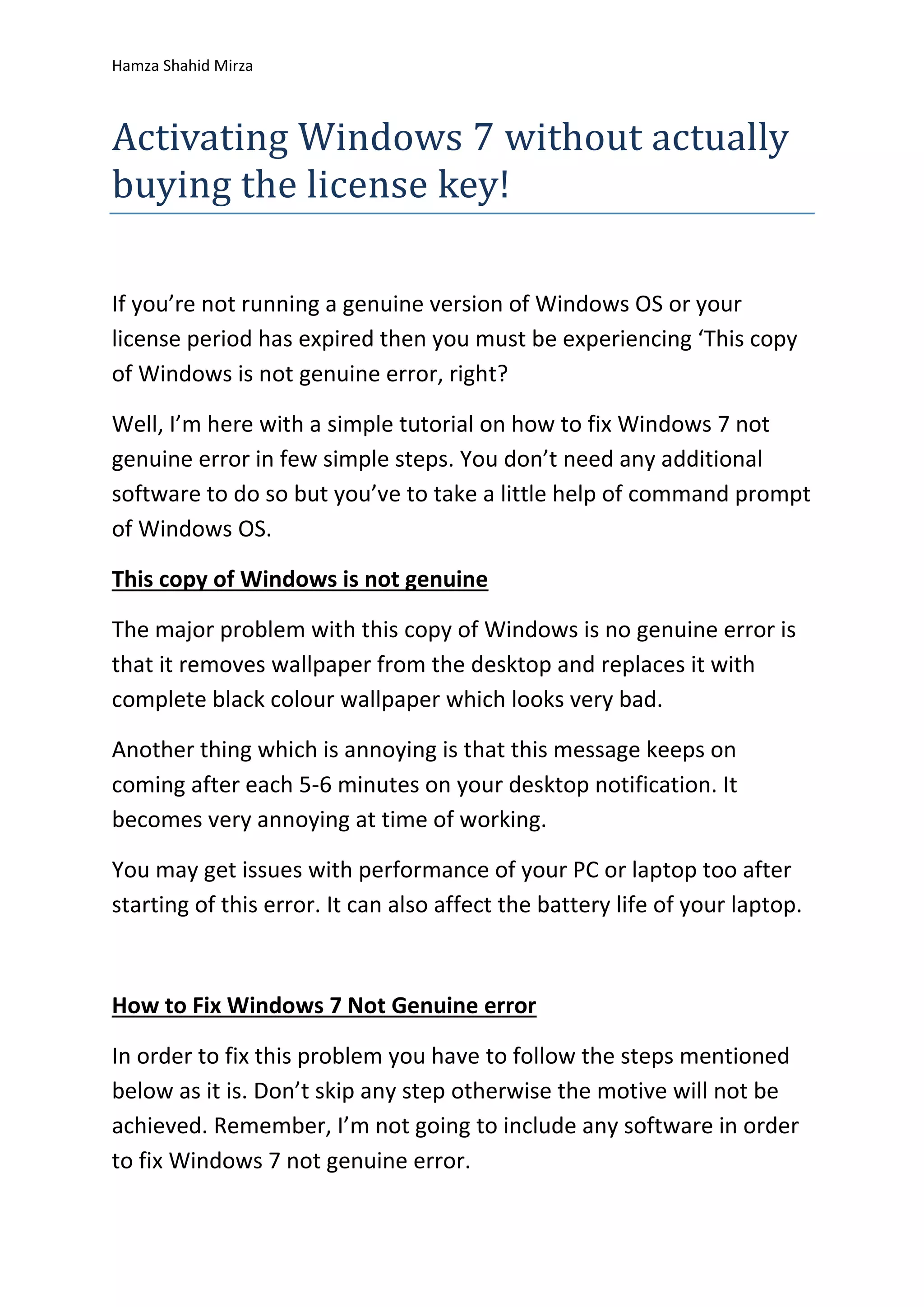 Activating windows 7 without actually buying the license key | PDF