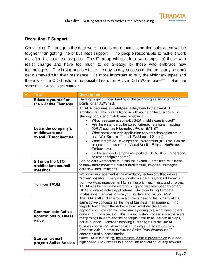 Active Data Warehouse Checklist