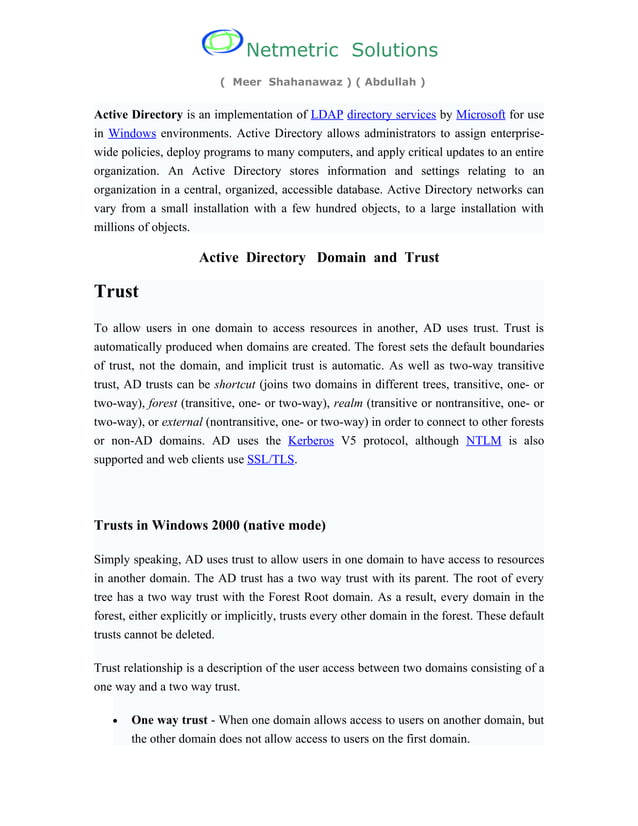 Active directory domain and trust | DOC | Operating Systems | Computer ...