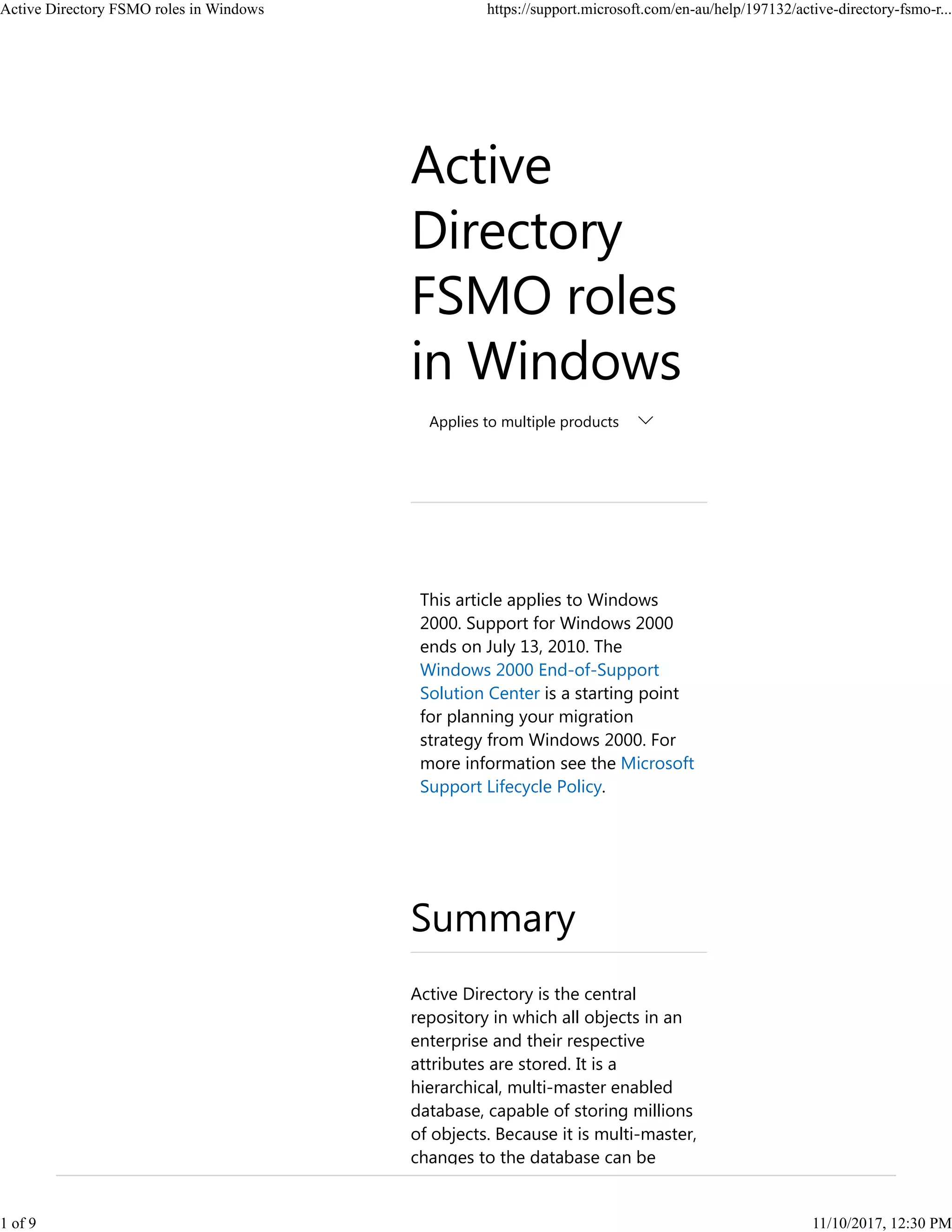 Active Directory FSMO Roles in Windows Server | PDF