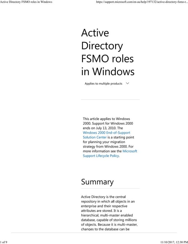Active Directory FSMO Roles in Windows Server | PDF