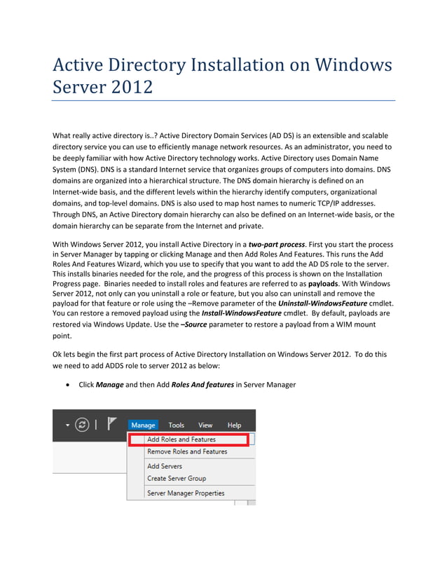 Active directory installation on windows server 2012 | PDF