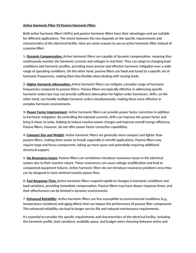 Active harmonic filter vs Passive Harmonic filter | DOCX