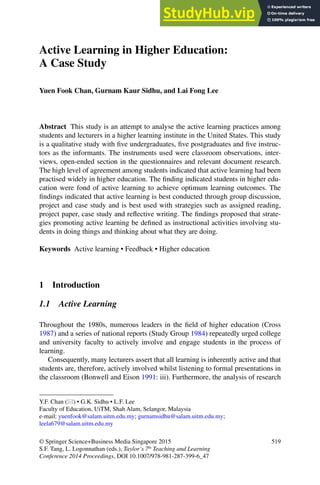 Active Learning In Higher Education A Case Study | PDF