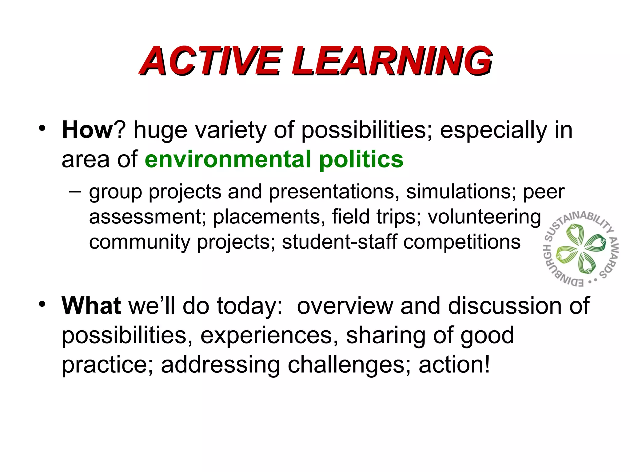 Active learning in environmental politics: Introduction | PPT ...