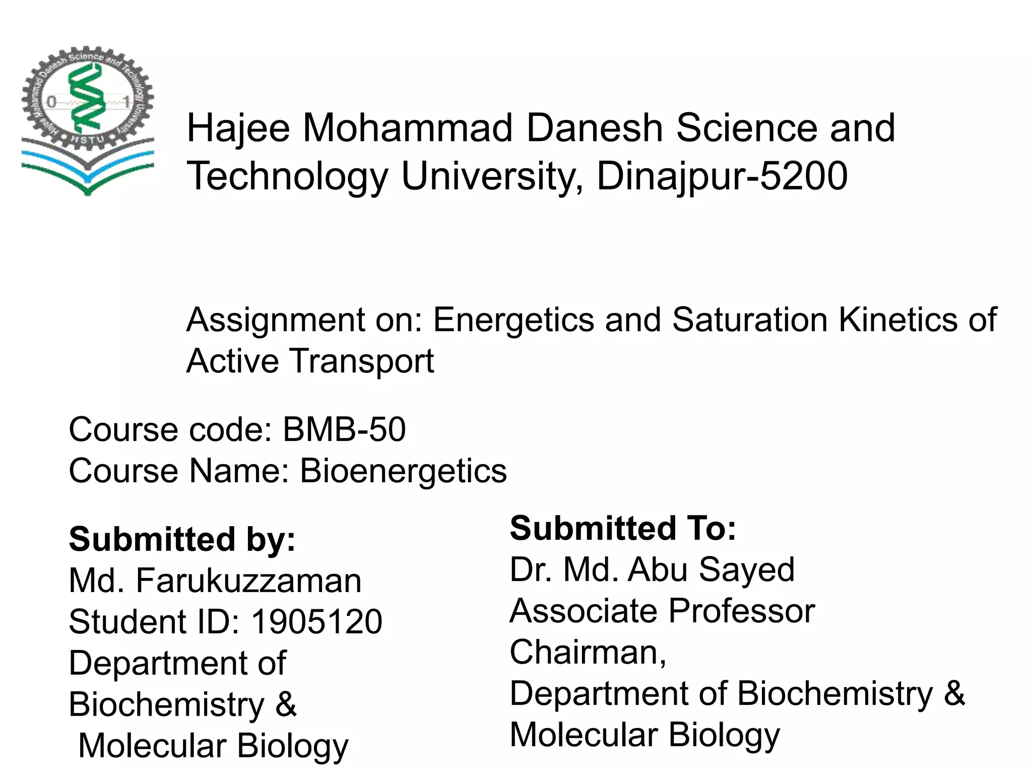 Energetics and Saturation Kinetics of Active Transport | PPT