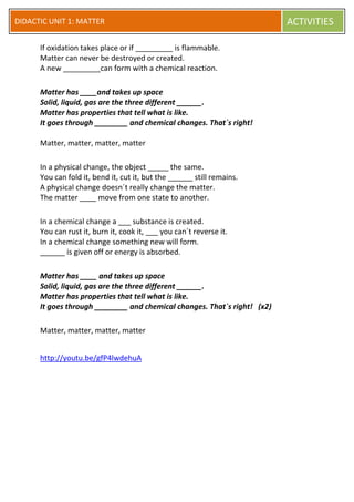 Didactic Unit: Matter. Activities. | PDF