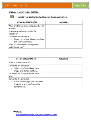 Didactic Unit: Matter. Activities. | PDF