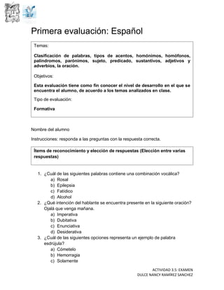 Examen: Primer evaluación; Español | PDF