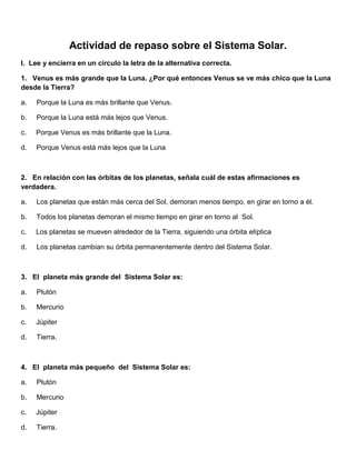 Prueba Del Sistema Solar Grado 4
