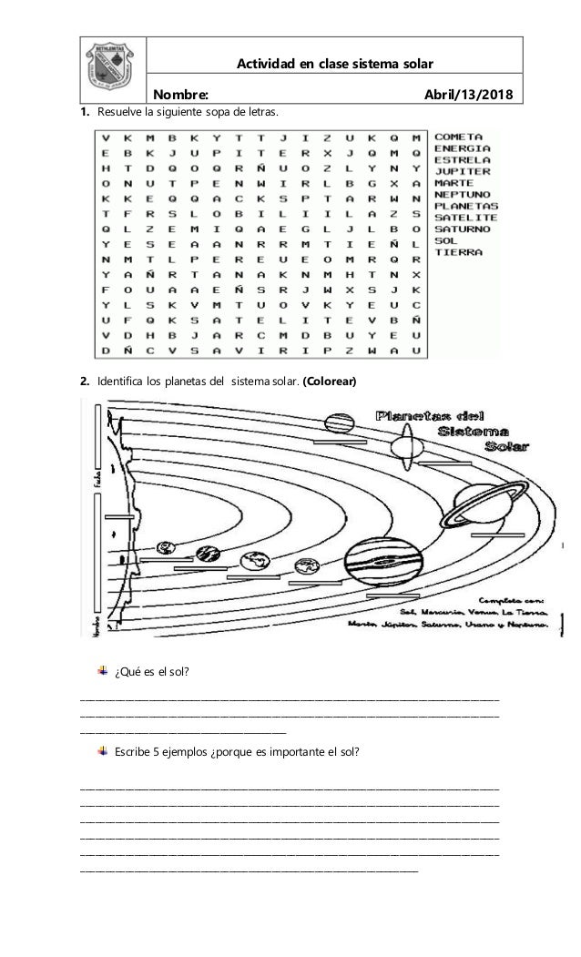 Actividad en clase sistema solar..