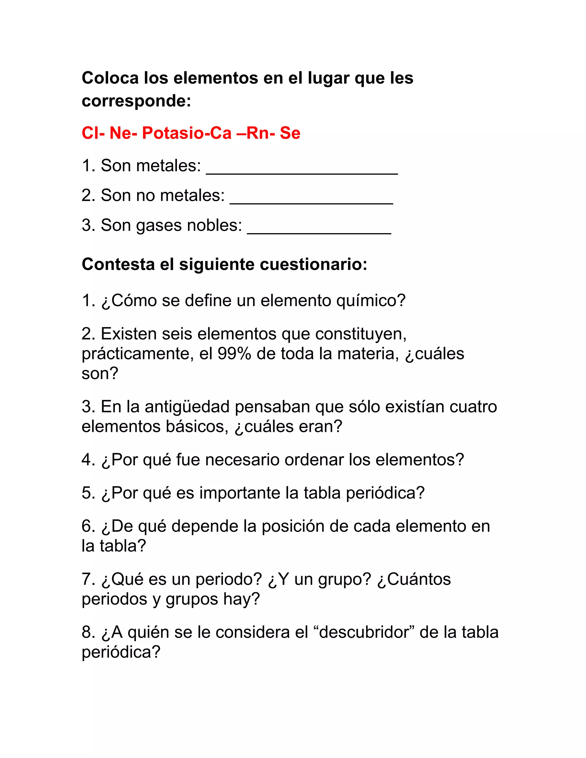 Actividades con tabla periòdica | DOCX