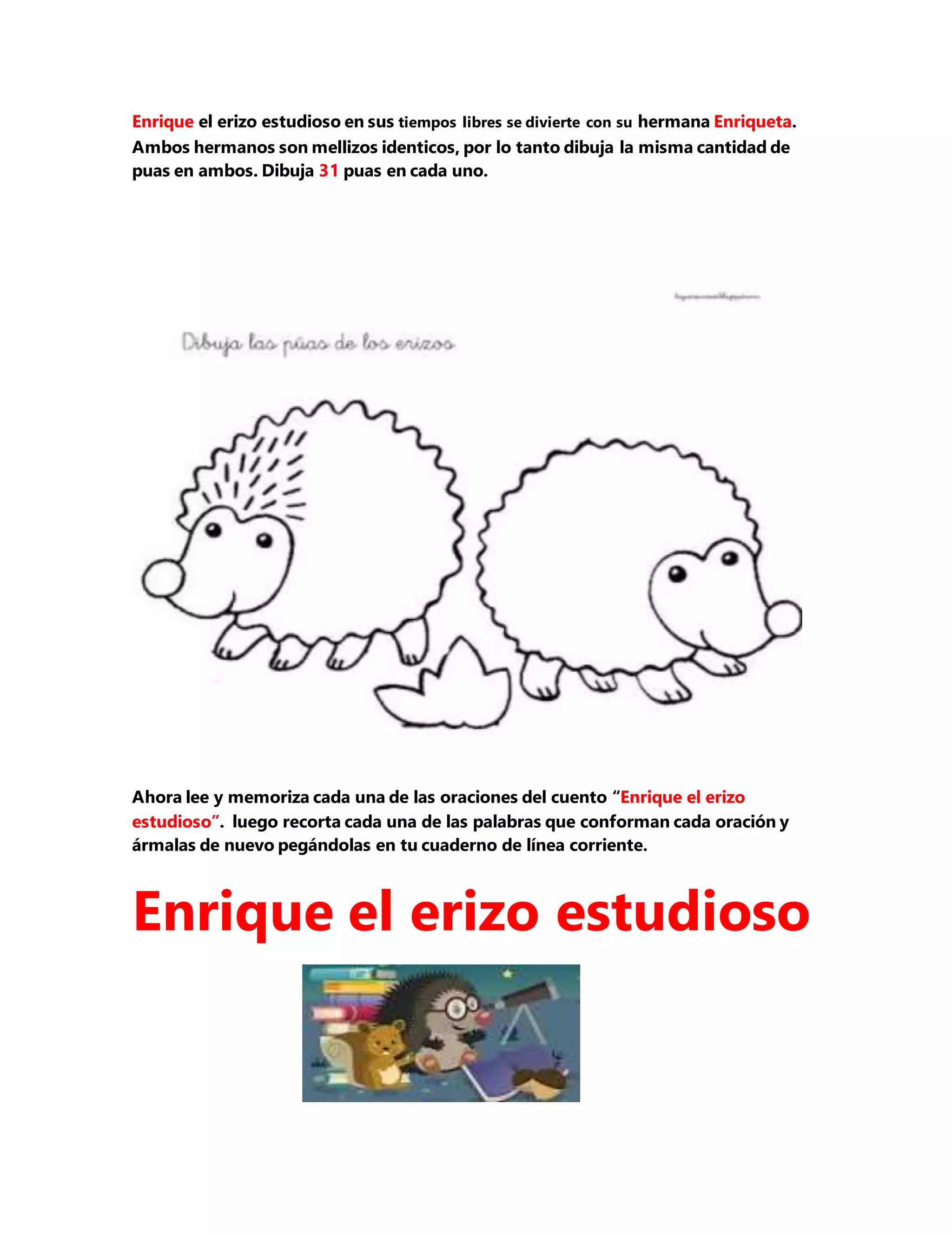 Actividades de Enrique el erizo estudioso | DOCX