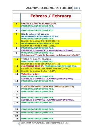 CALENDARIO DE ACTIVIDADES DEL MES DE FEBRERO | PDF