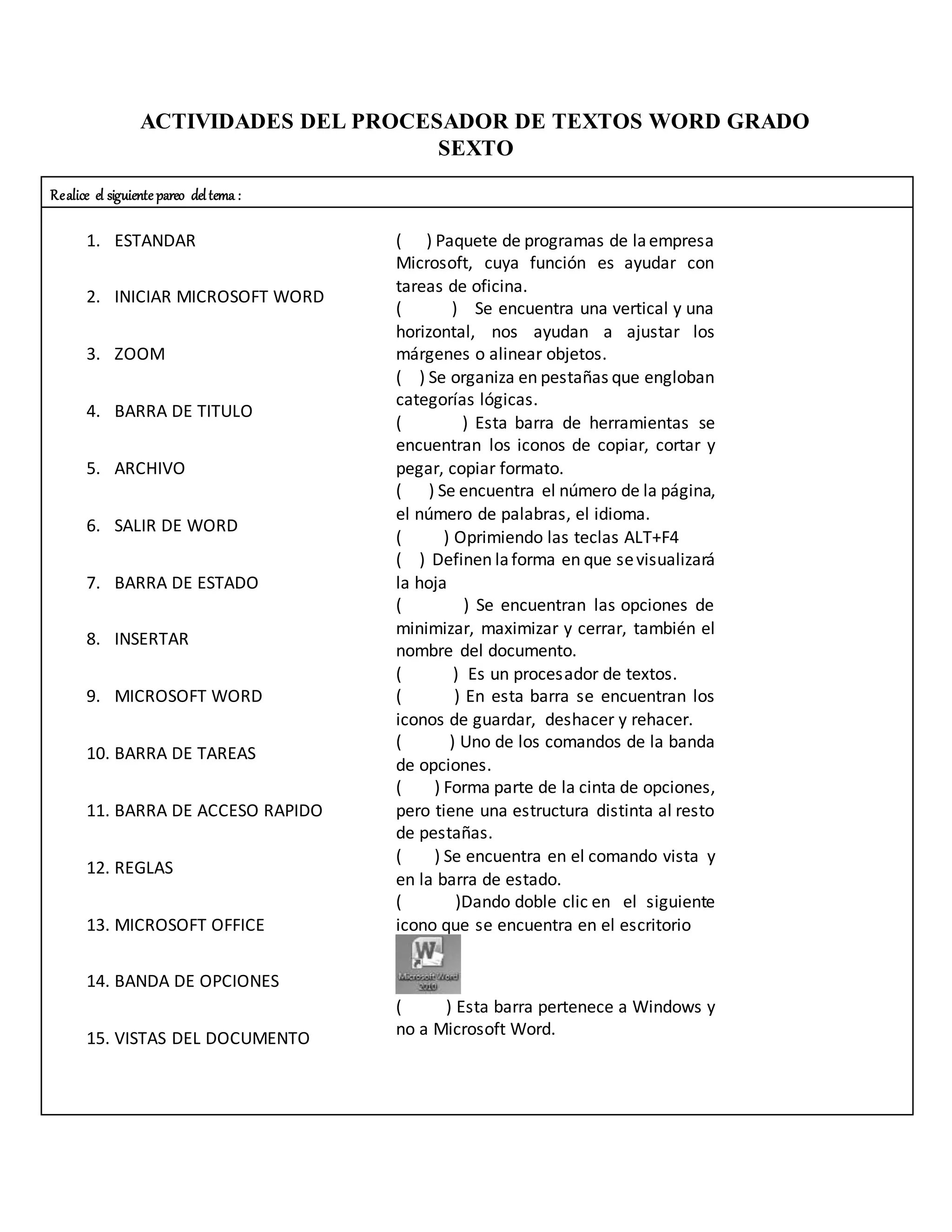 Actividades del procesador de textos word grado sexto | DOCX