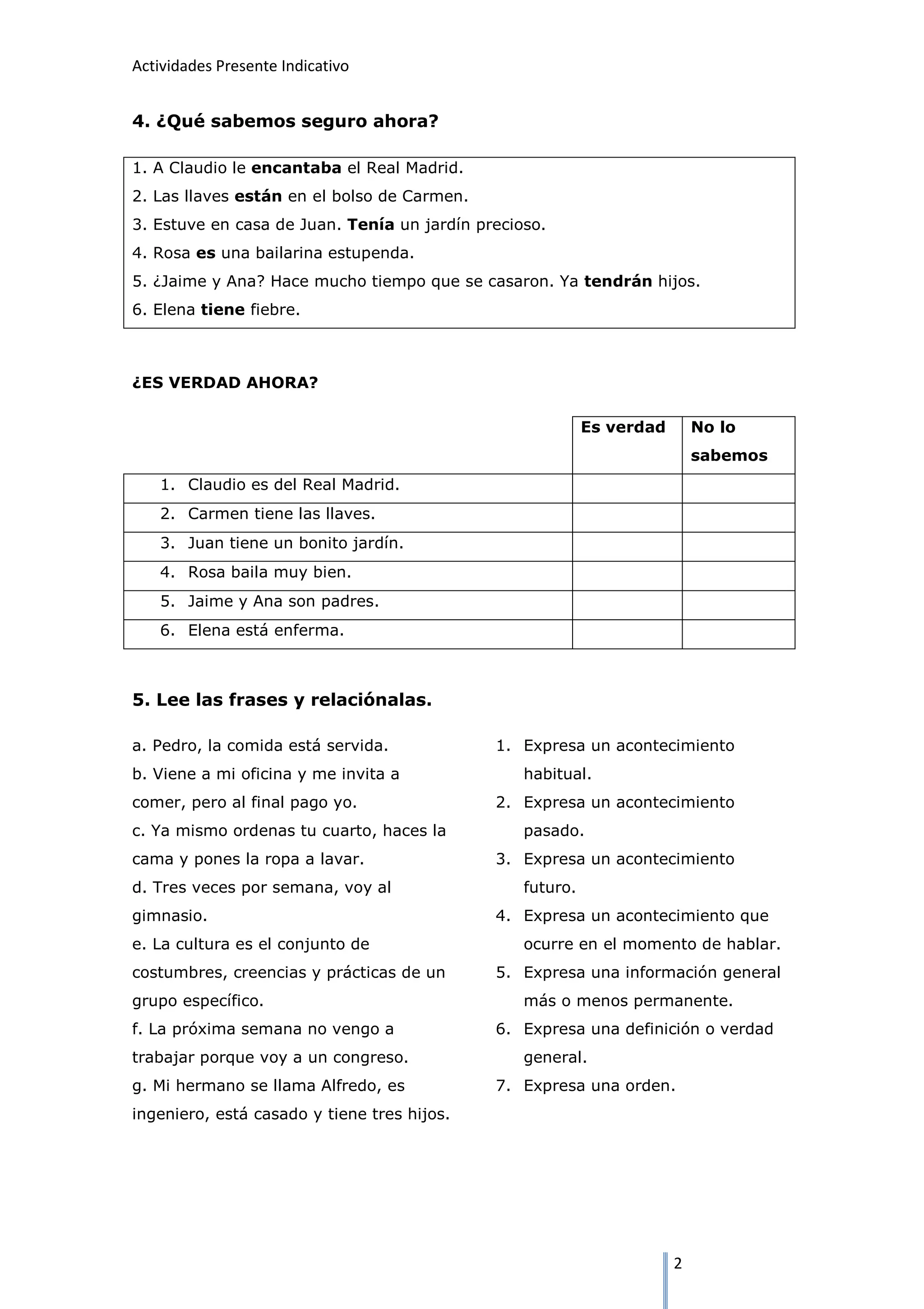 Actividades extras Presente Indicativo | PDF