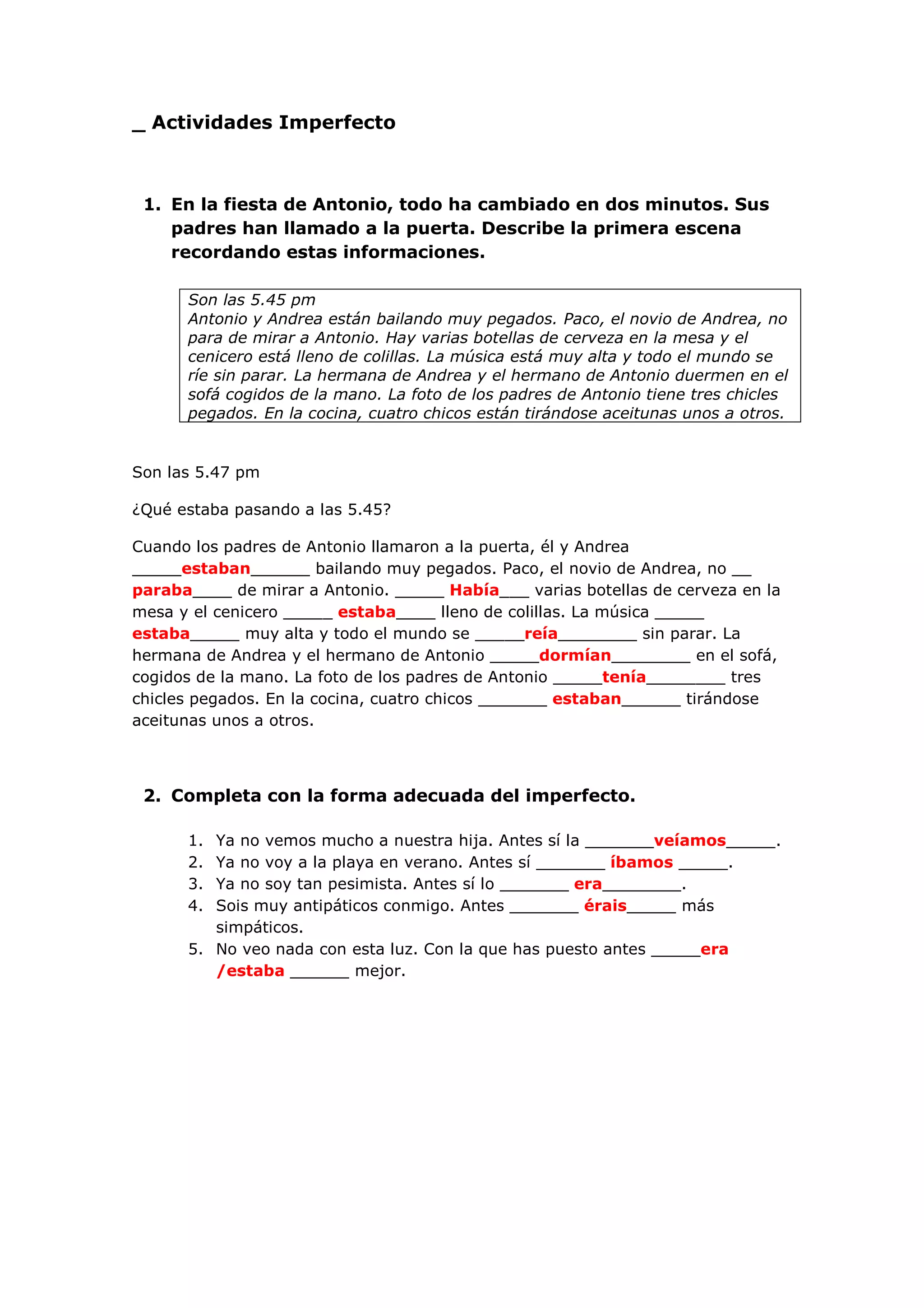 Actividades imperfecto | PDF