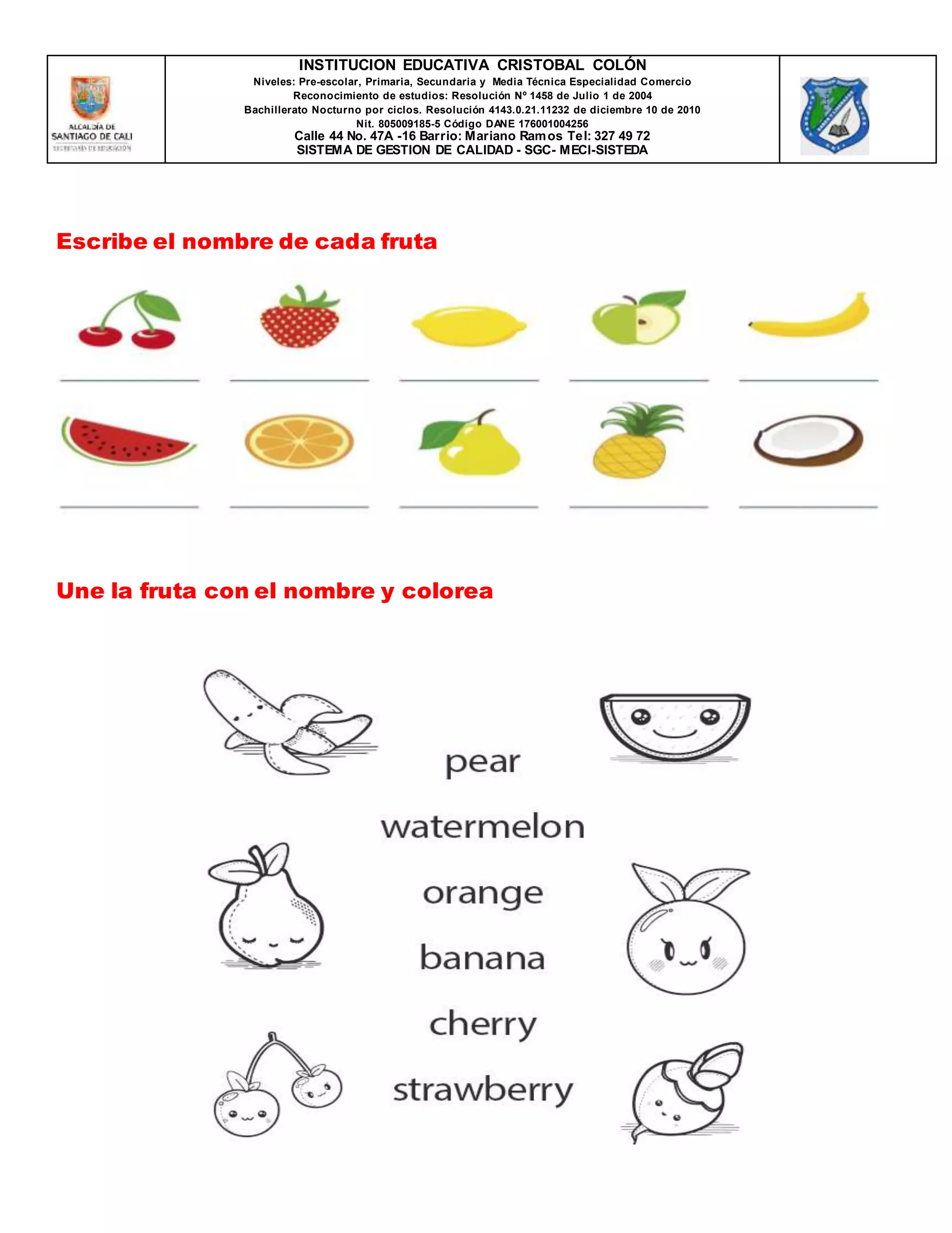 Actividades ingles las frutas | DOCX