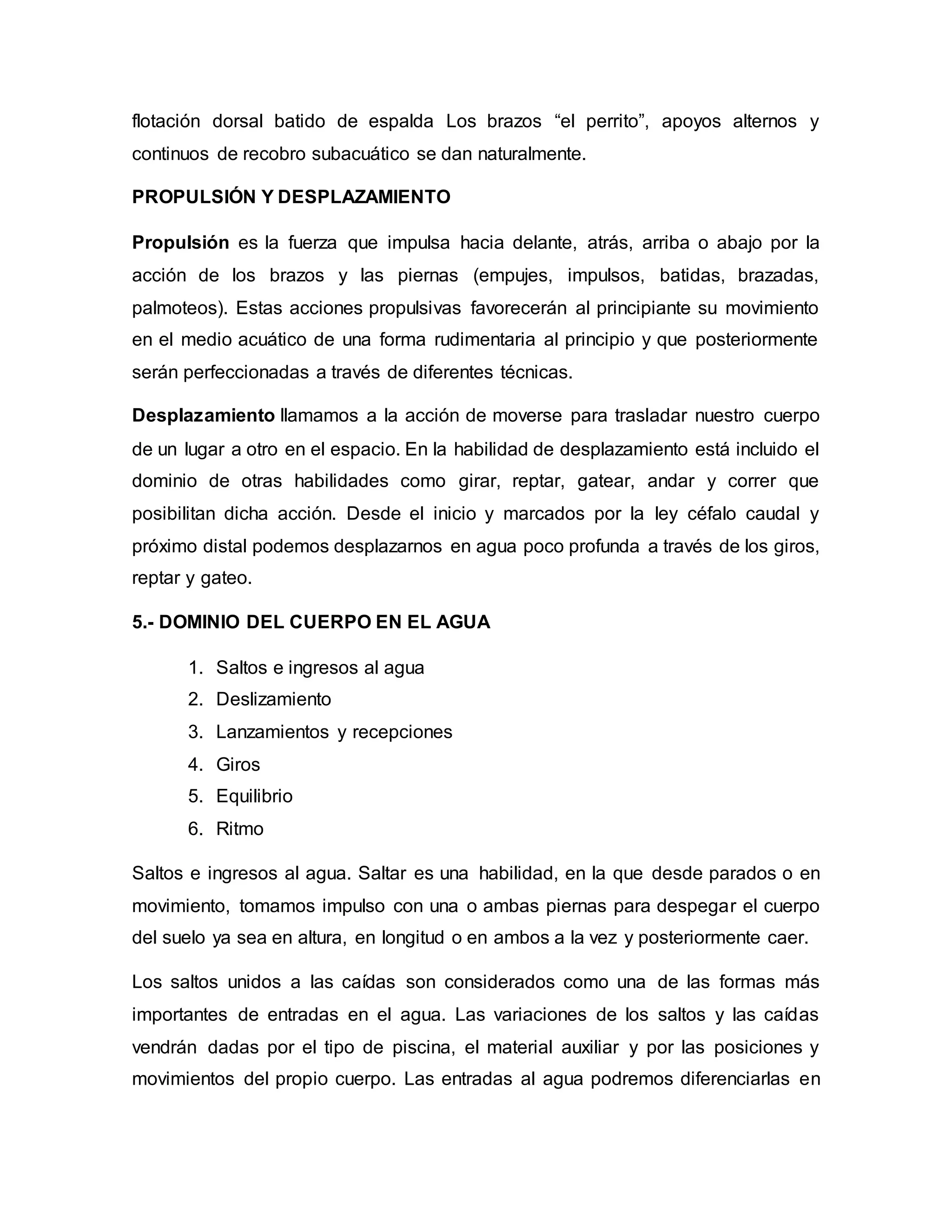 El medio acuático las bases y como aplicarlo en los niños. | DOCX