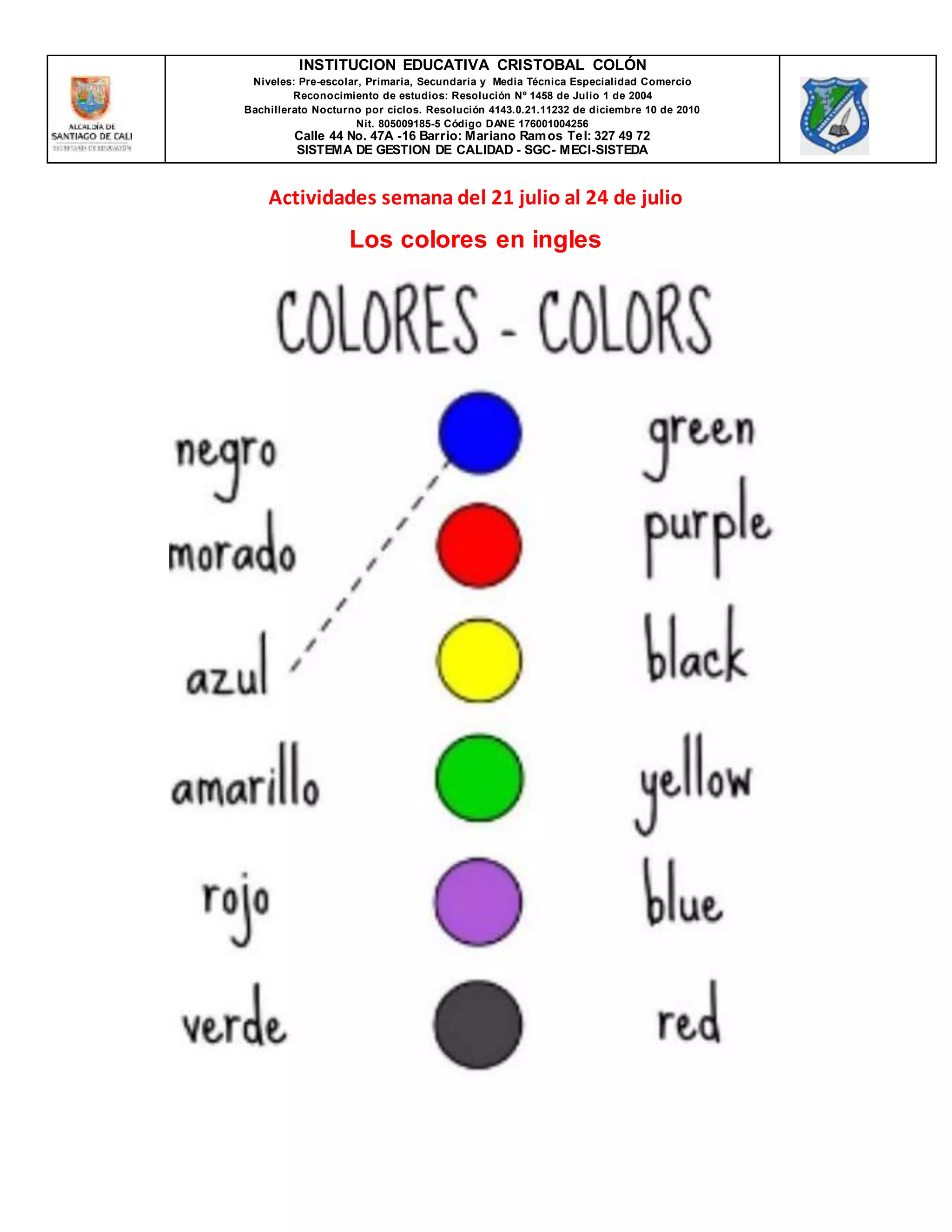 Actividades semana 21 al 24 de julio los colores en ingles | DOCX