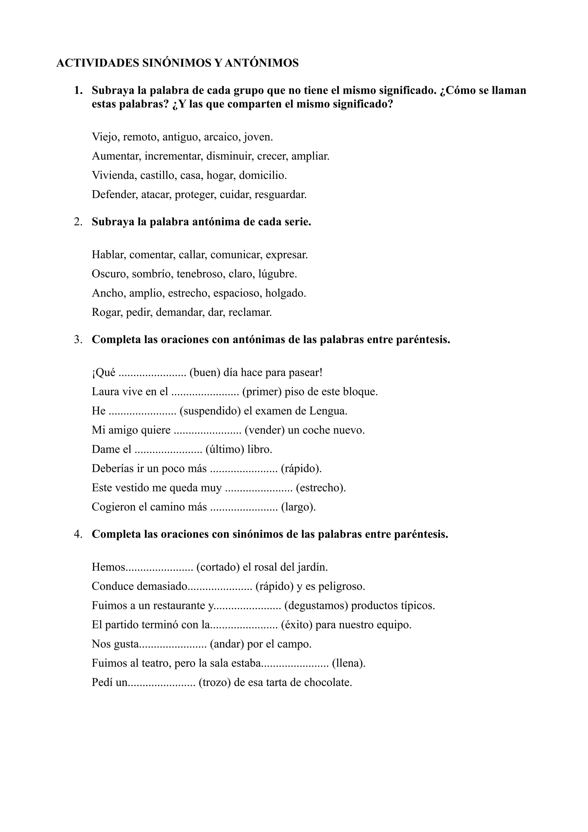 Actividades sinónimos y antónimos | PDF