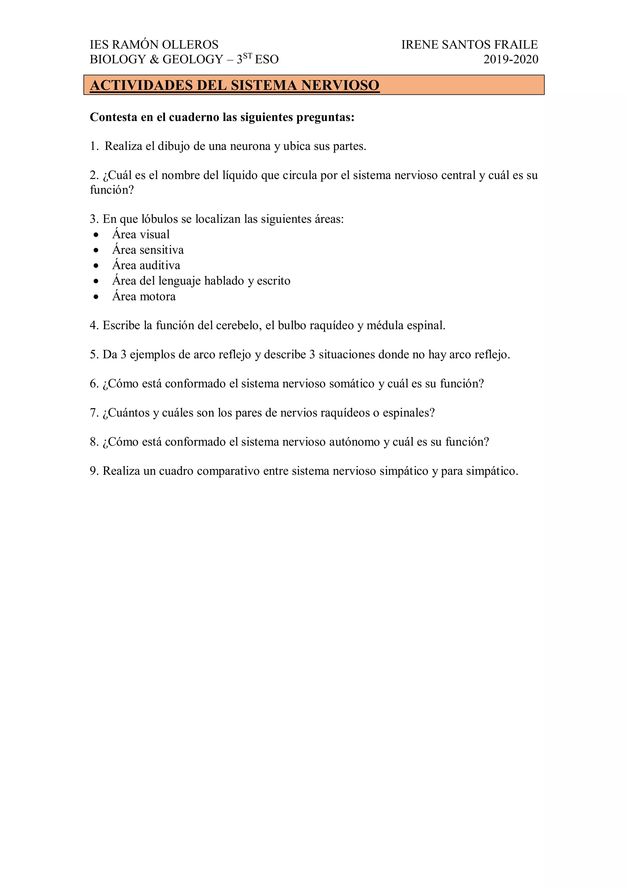 Actividades sistema nervioso | PDF | Brain and Nervous System Disorders ...