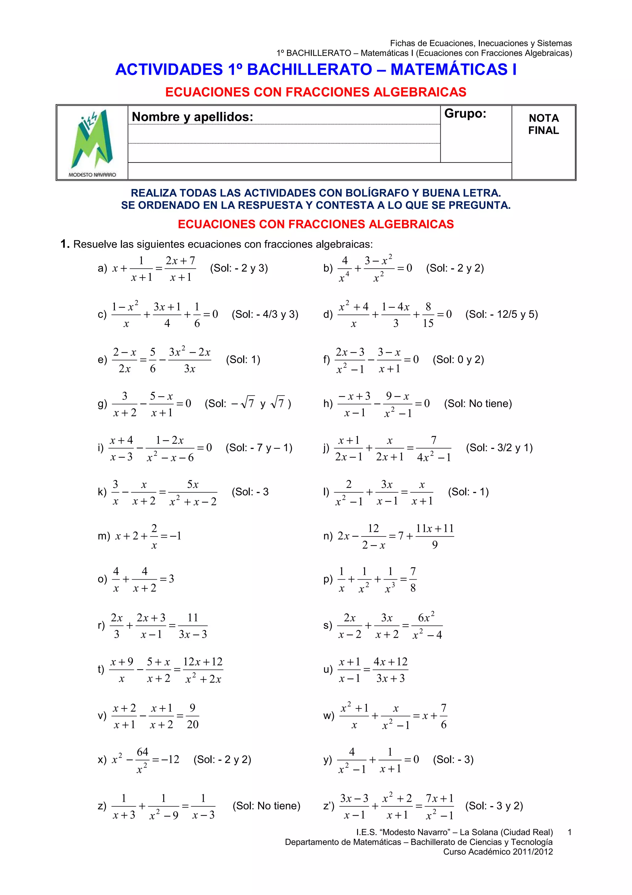 Actividades sobre ecuaciones con frac algebraicas | PDF