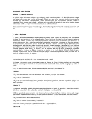 Actividades sobre la ilíada | DOCX