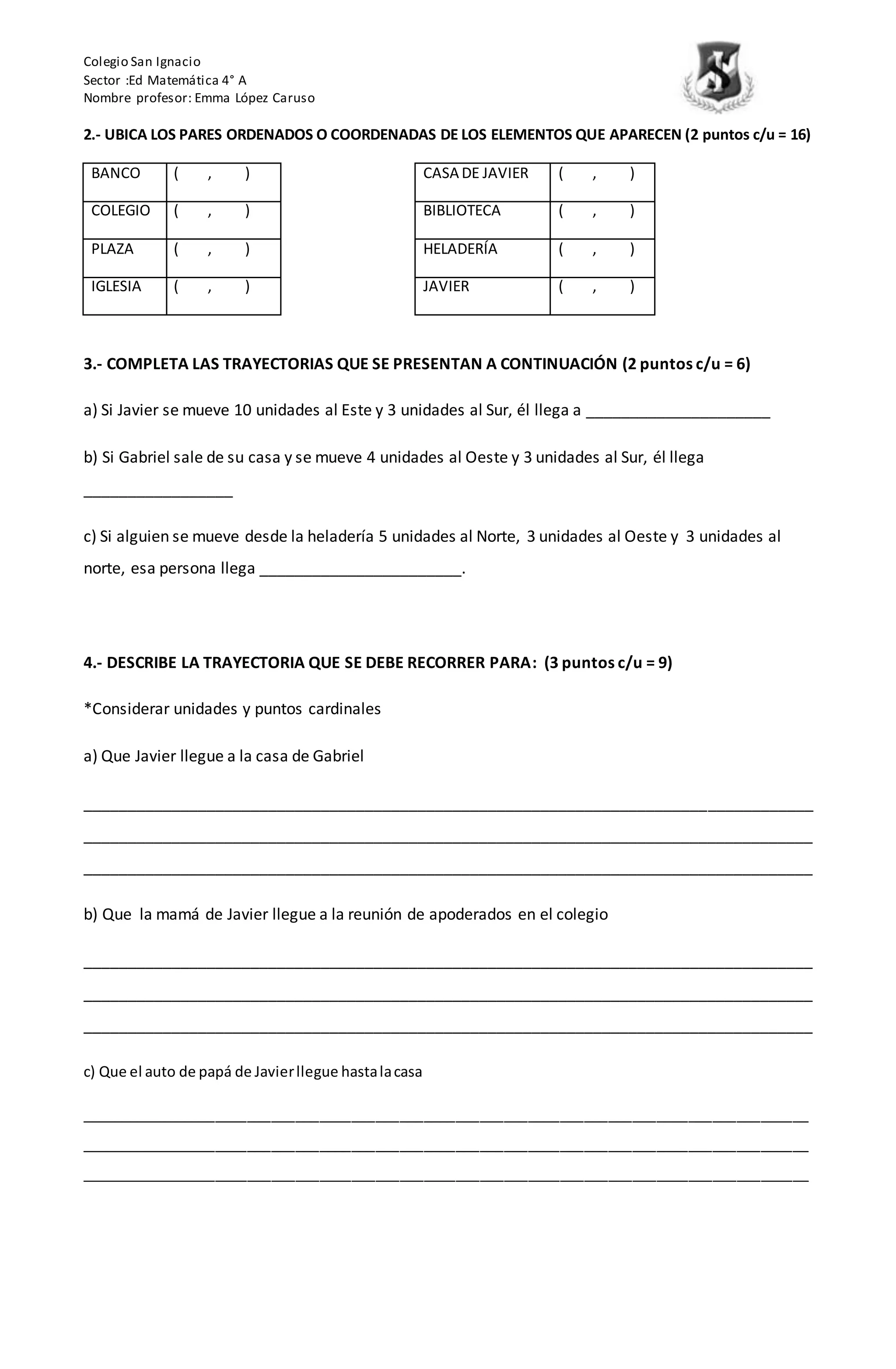 Actividad evaluada de plano cartesiano | DOCX