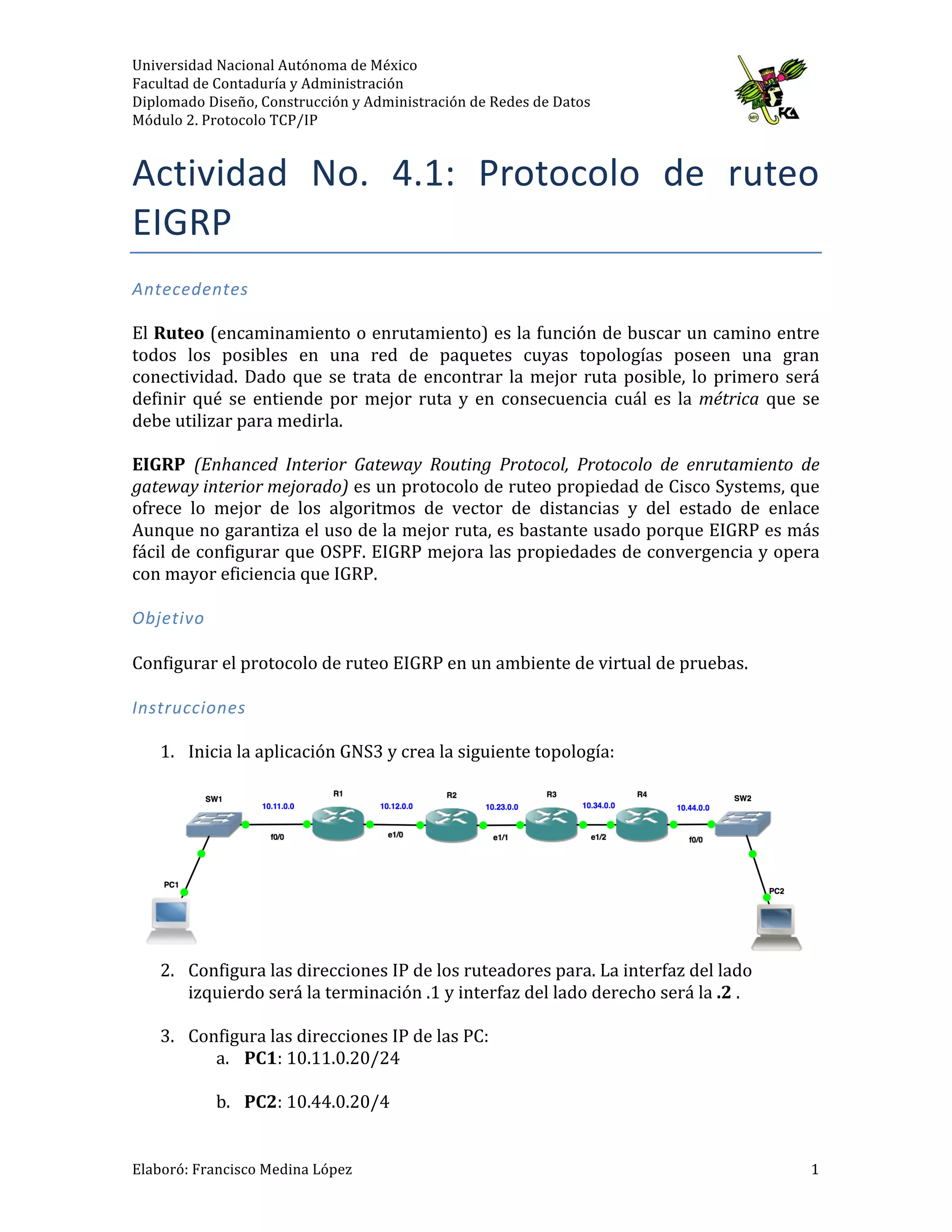 Actividad No. 4.1: Protocolo de ruteo EIGRP | PDF