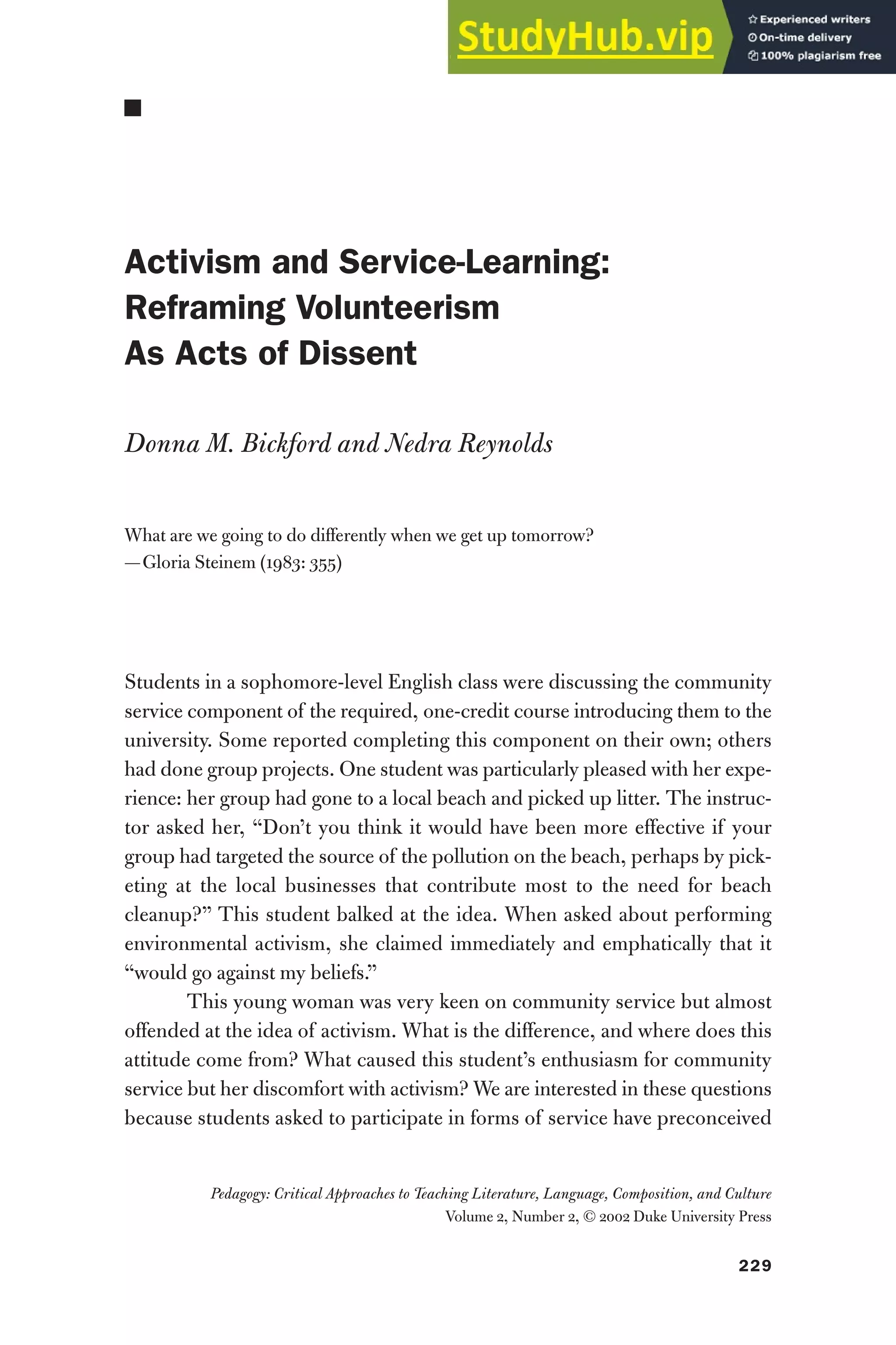 Activism And Service-Learning Reframing Volunteerism As Acts Of Dissent ...