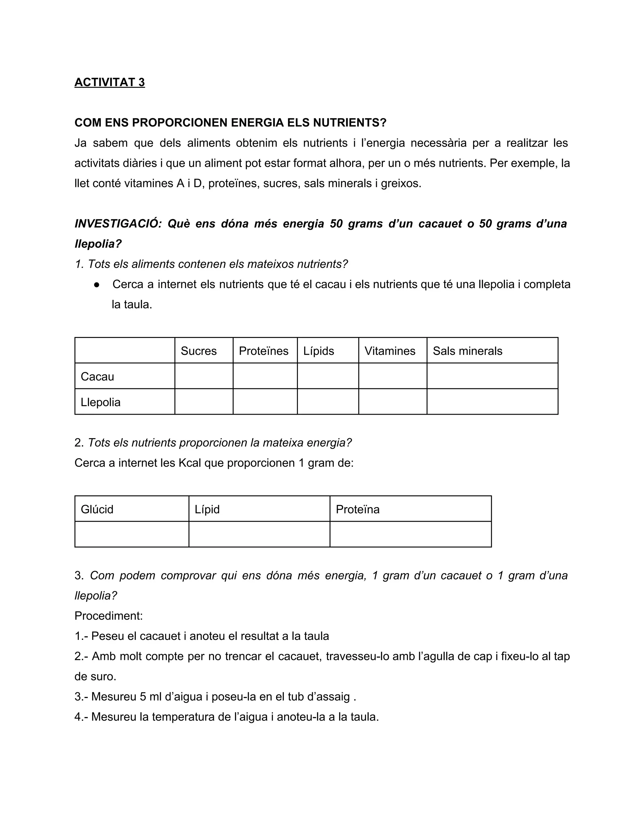Activitat 3 int2 Com ens proporcionen energia els nutrients? | PDF