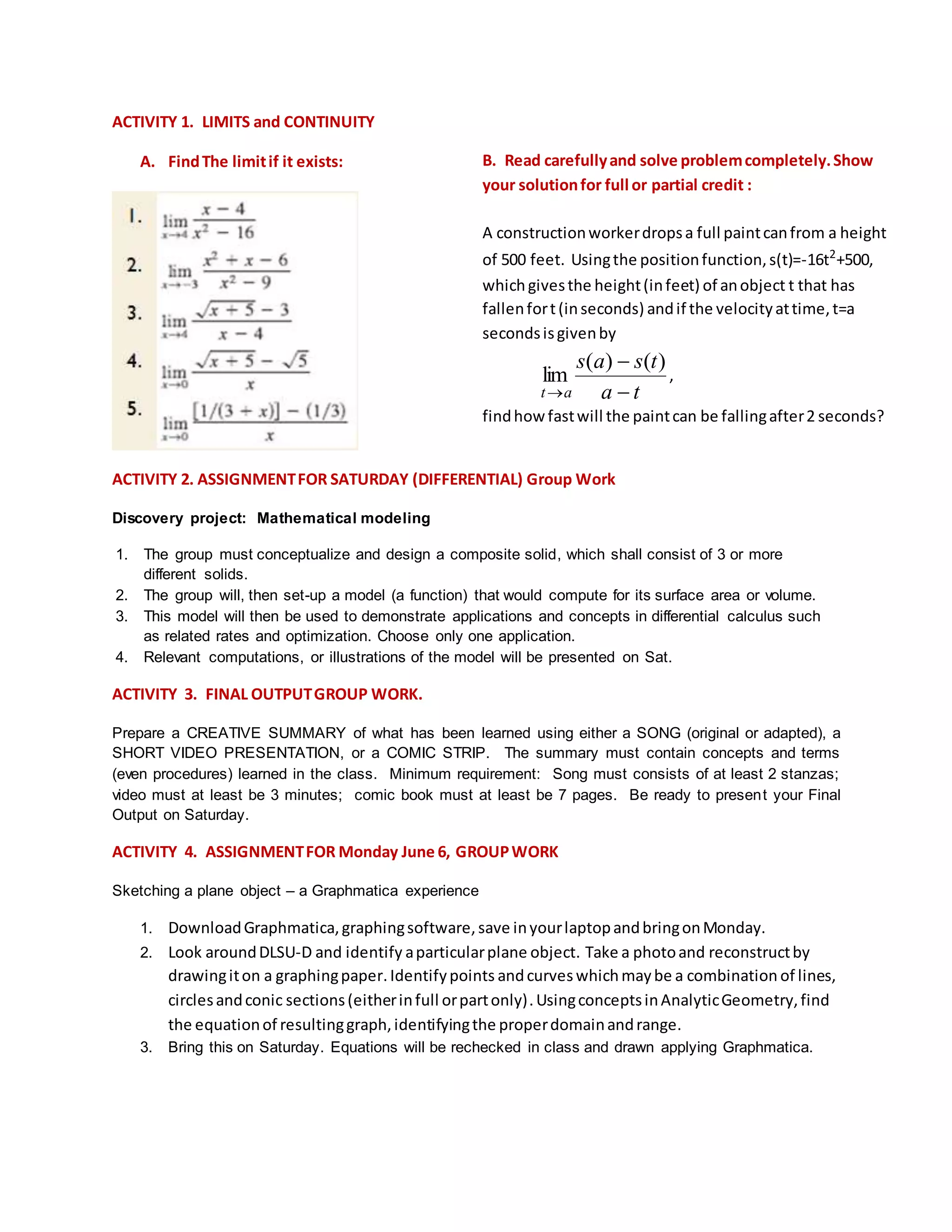 Activities for basic calculus (final) | DOCX