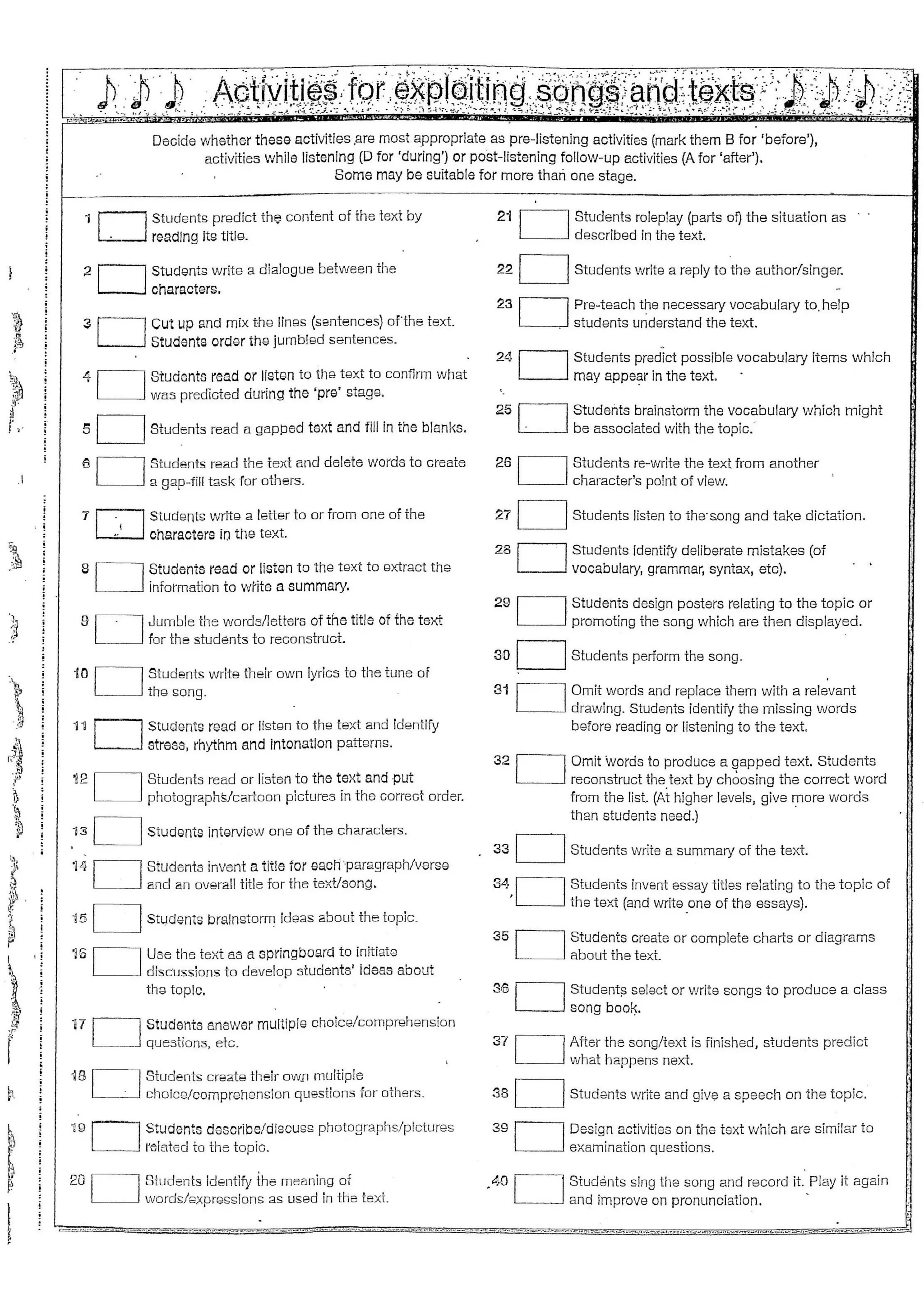 Activities for exploiting songs | PDF
