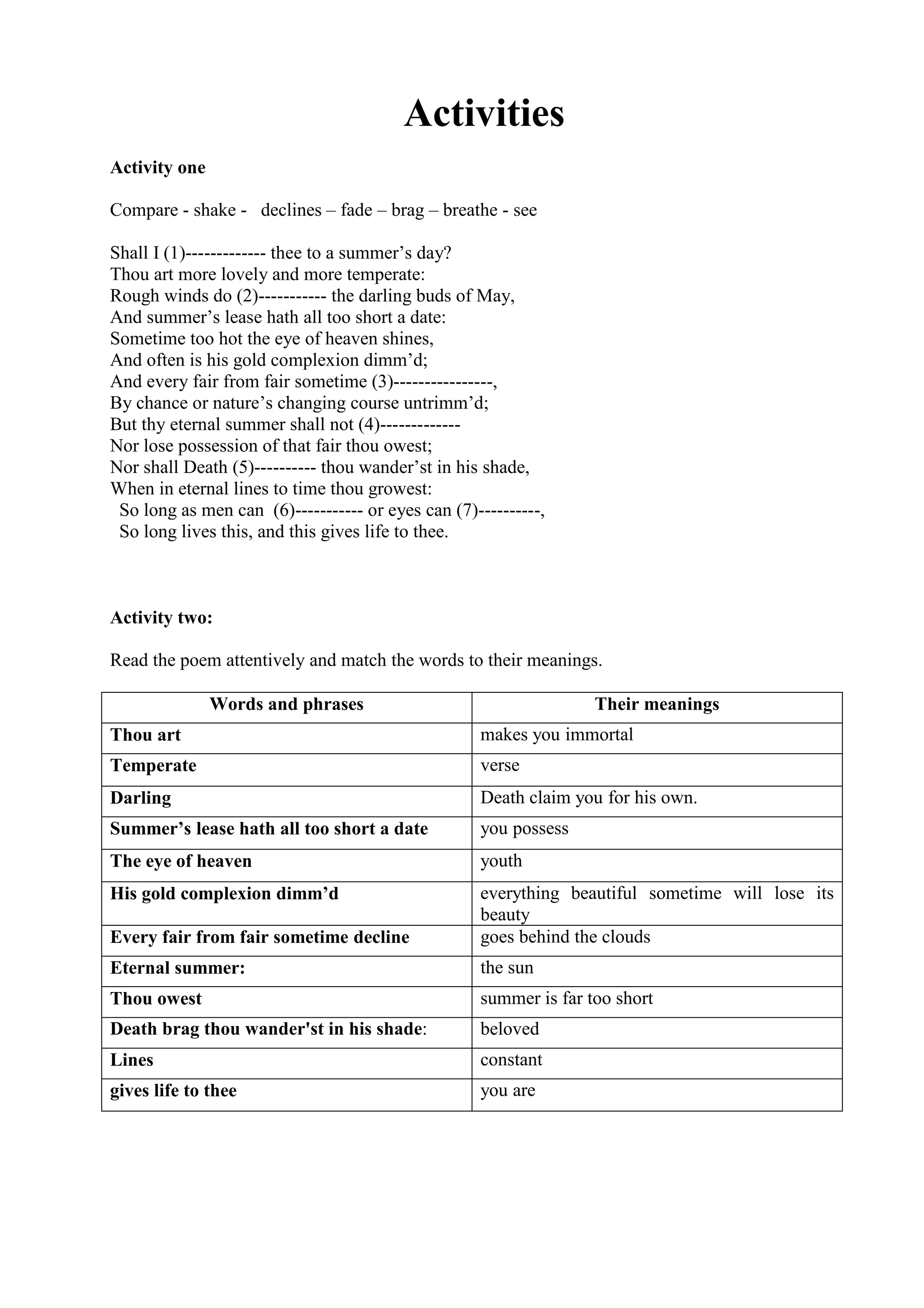 Activities for the poem | PDF