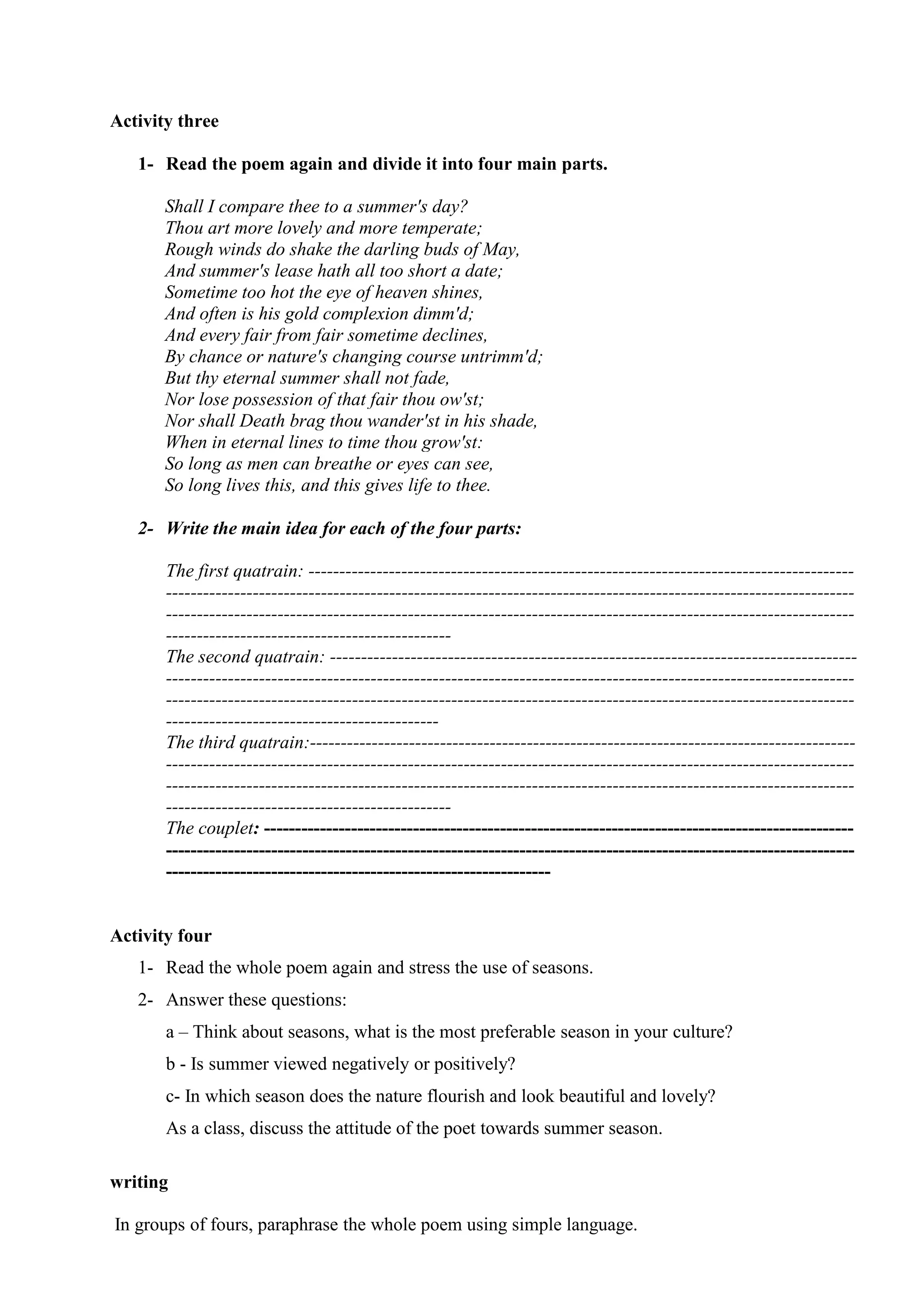 Activities for the poem | PDF