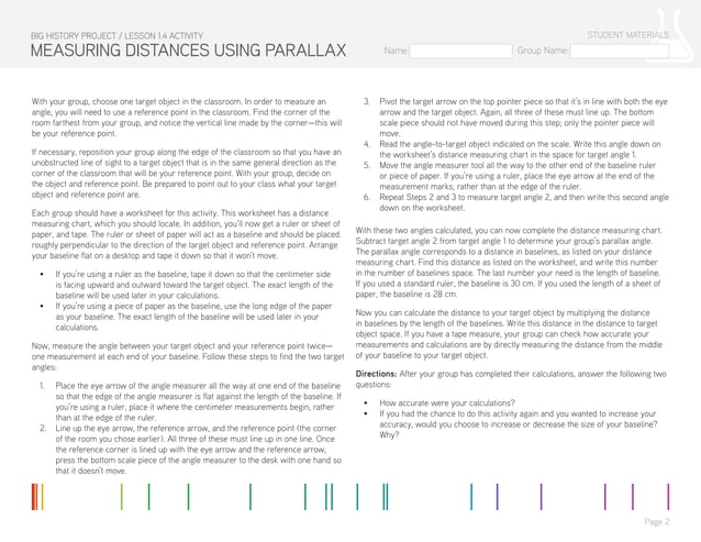 Lesson 1.4 Activity: Measuring Distances Using Parallax | PDF | Physics | Science