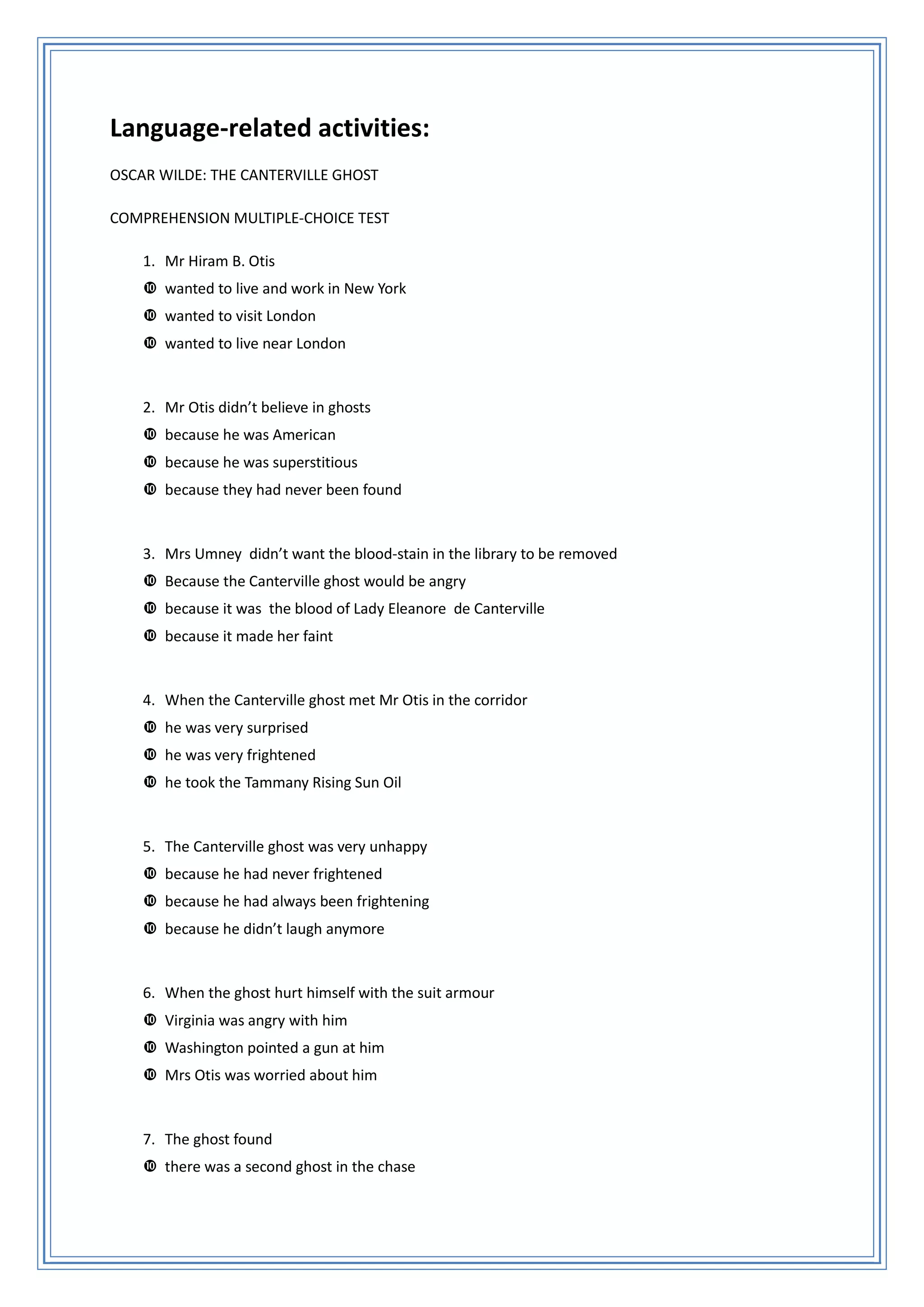 Activity bank for canterville ghost | PDF