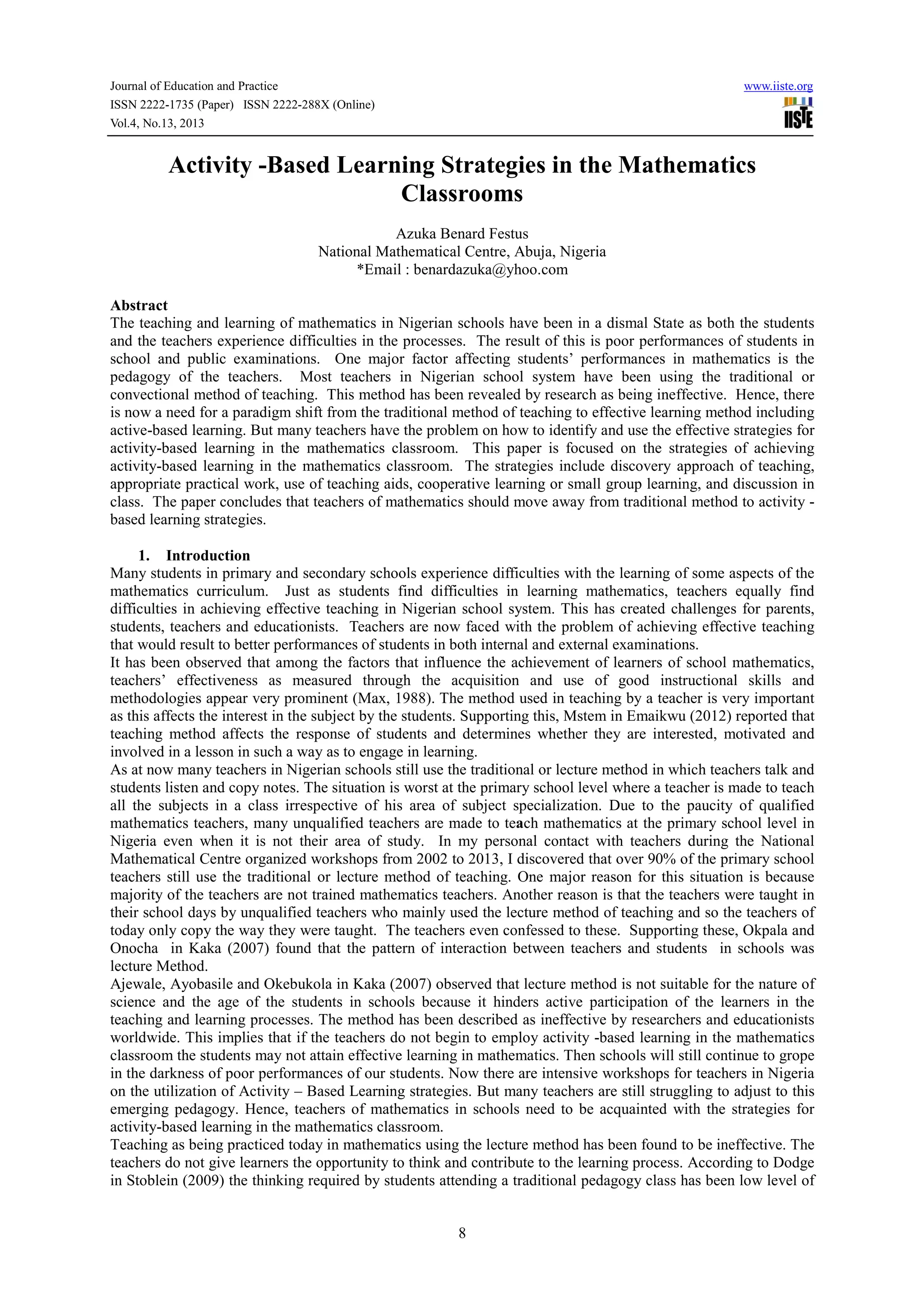 Activity based learning strategies in the mathematics classrooms | PDF