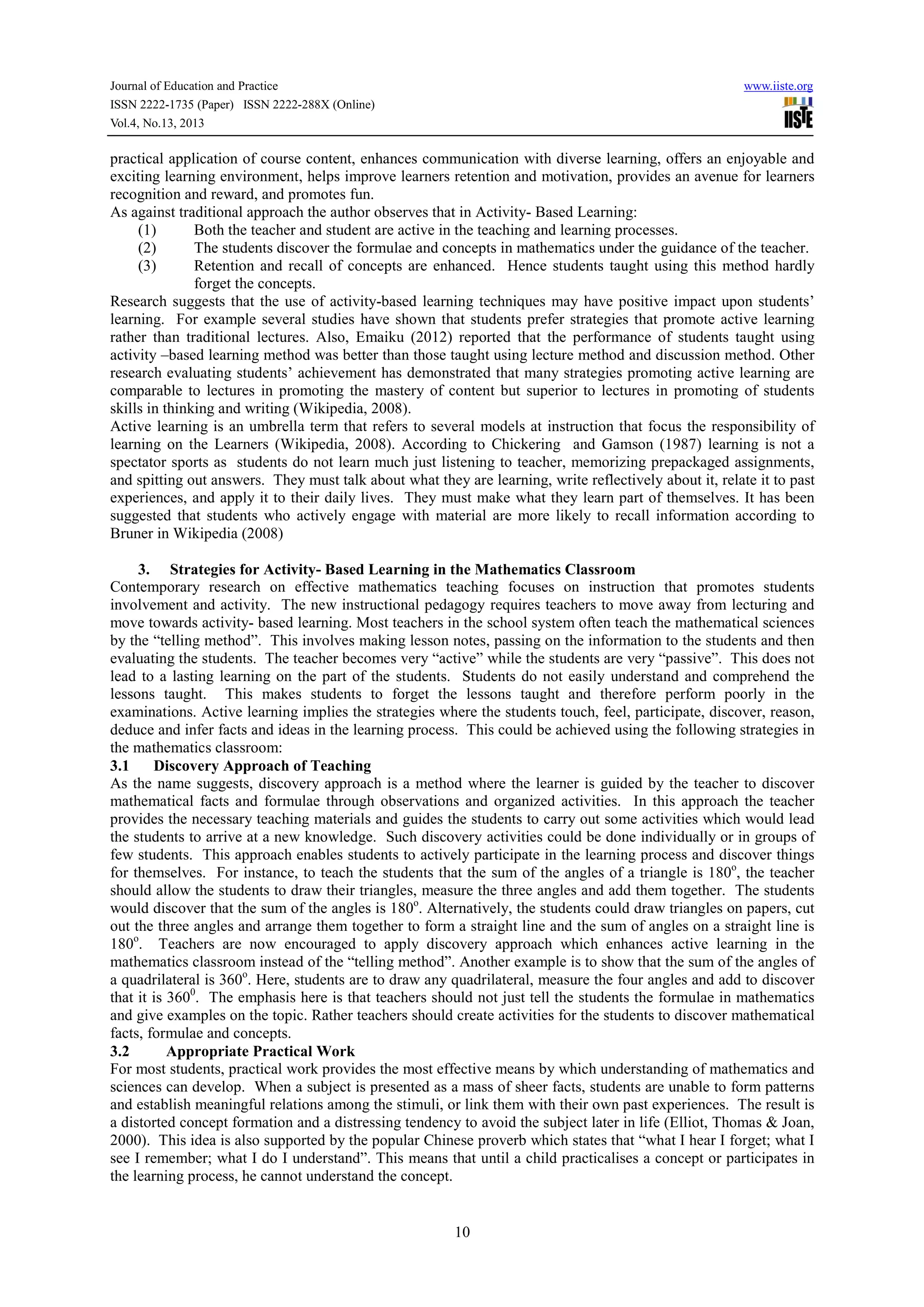 Activity based learning strategies in the mathematics classrooms | PDF