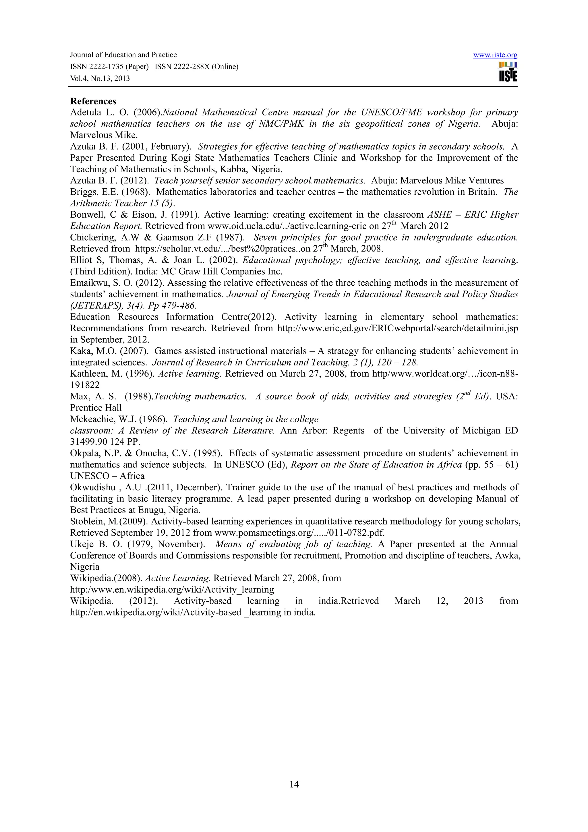 Activity based learning strategies in the mathematics classrooms | PDF