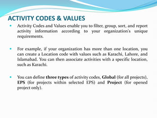 Primavera Project Activity-Codes and Scheduling | PDF