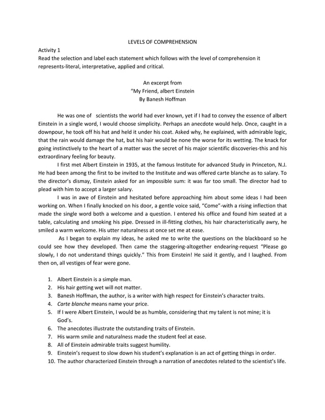 Activity 1 levels of comprehension | DOCX | Science