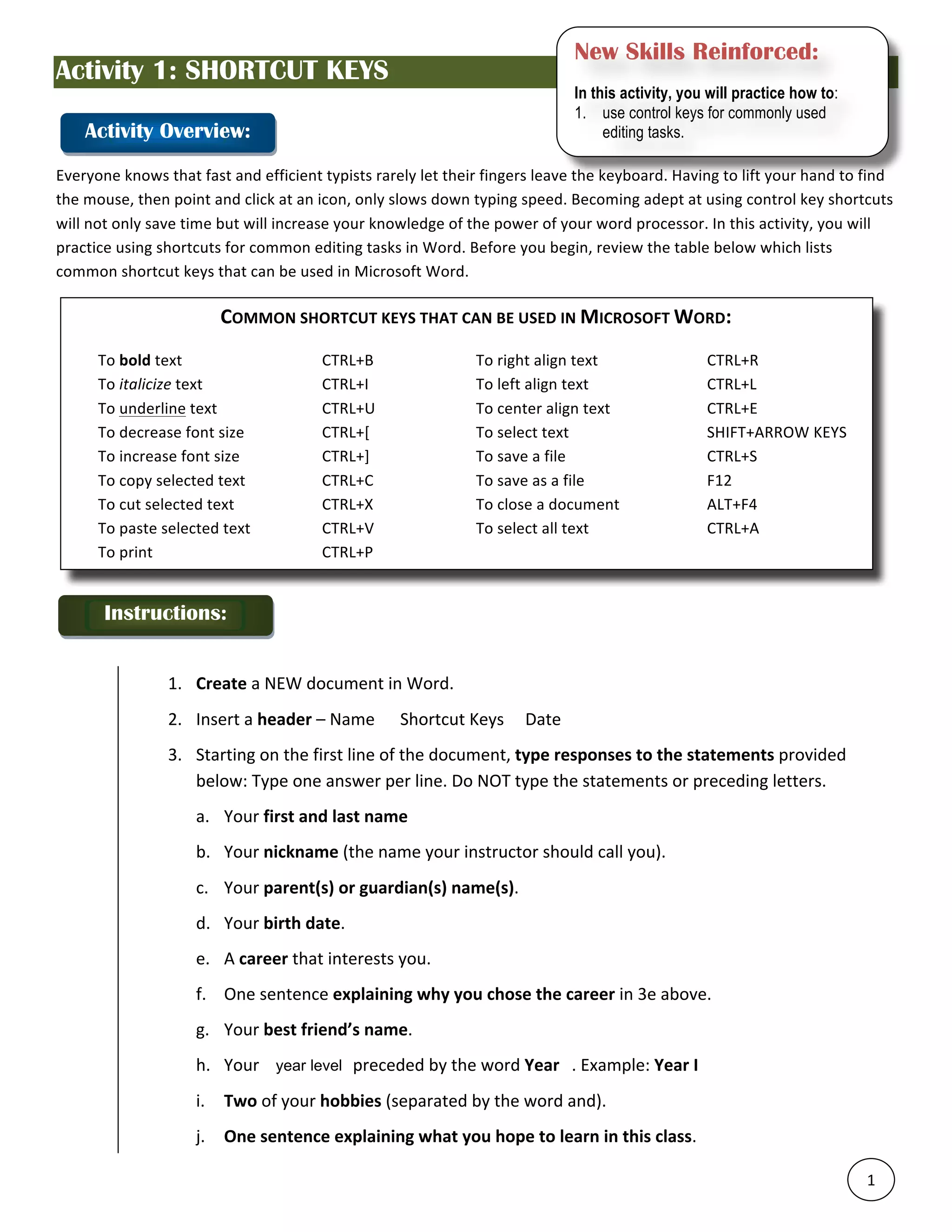 Activity 1 shortcut_keys (1) | PDF