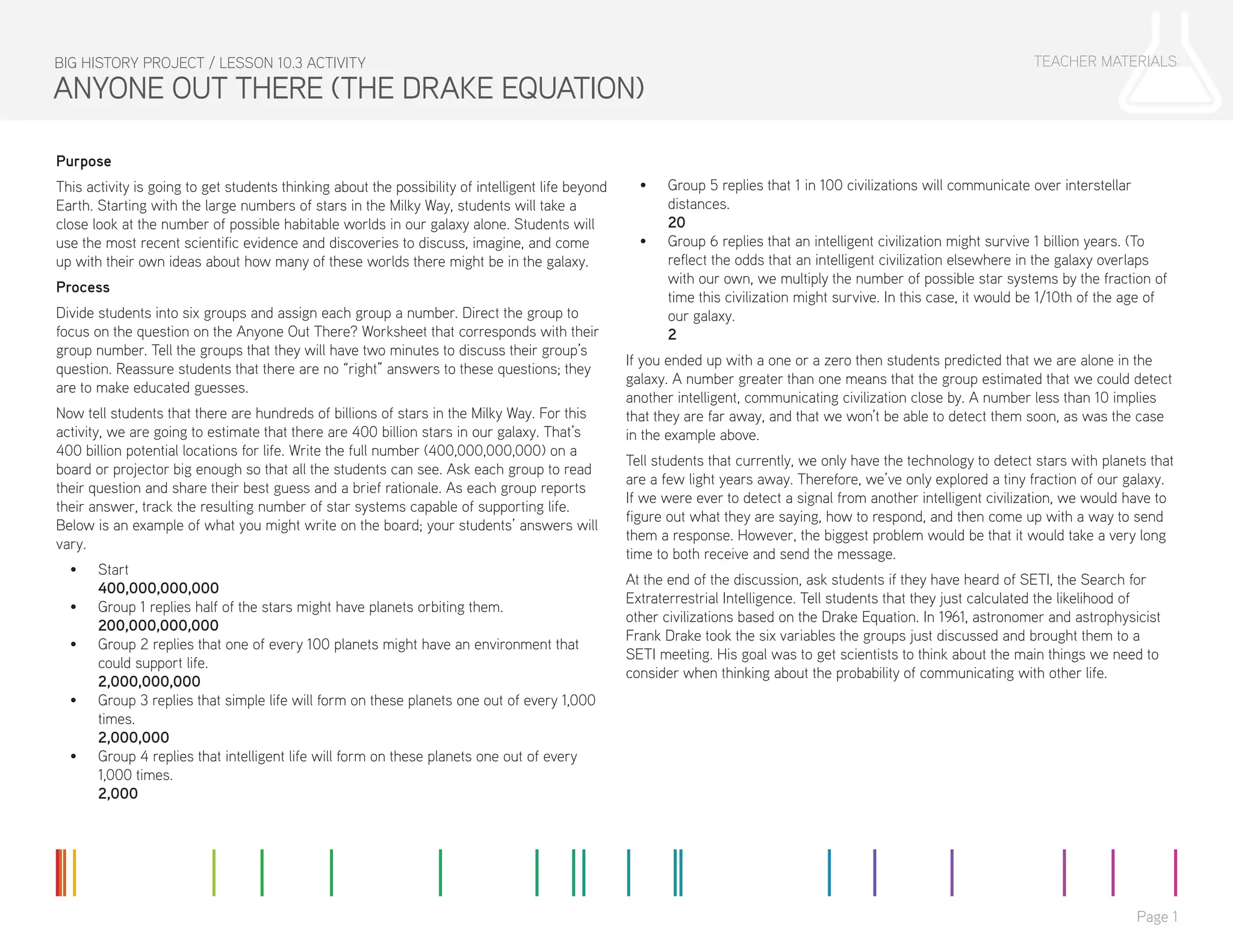 Lesson 10.3 Activity: Anyone Out There? (The Drake Equation) | PDF