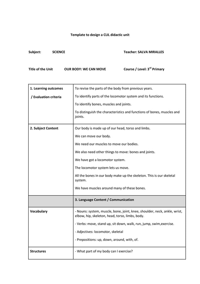 CLIL Didactic Unit: We can move. The locomotor system | DOCX | Bodybuilding | Sports